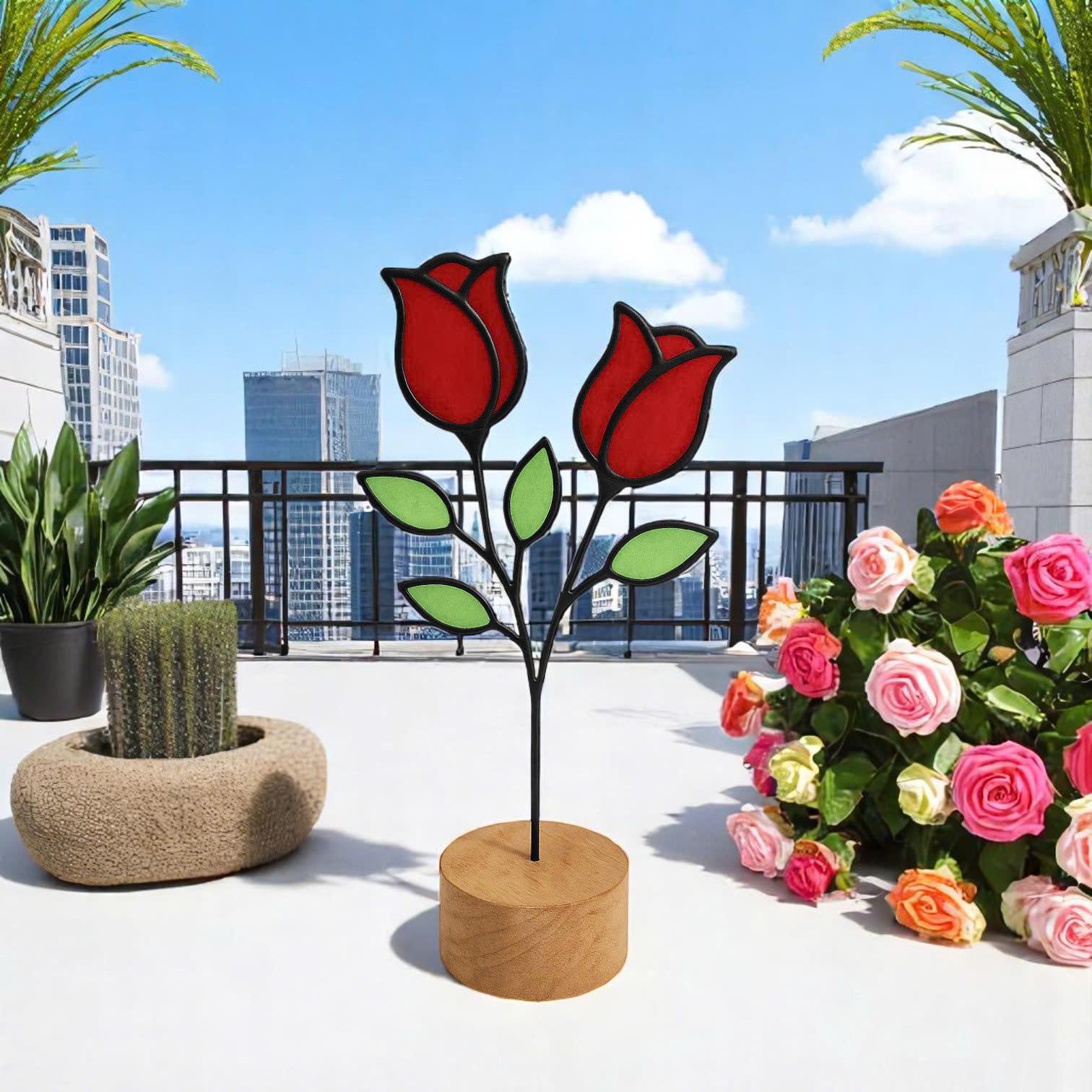 June Birth Flower Gift –rose Stained Glass Art | Handmade Red Floral ...