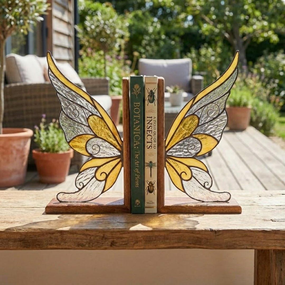Stained Glass Fairy Wing Bookends | Solid Oak Wood Base | Art Nouveau ...