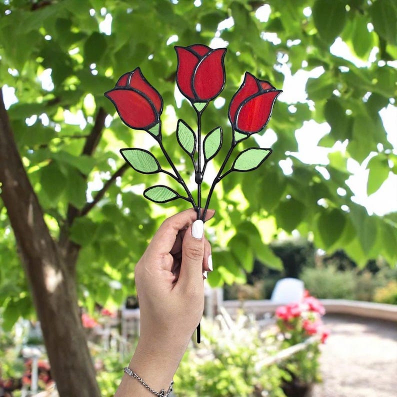 June Birth Flower Gift –rose Stained Glass Art | Handmade Red Floral ...