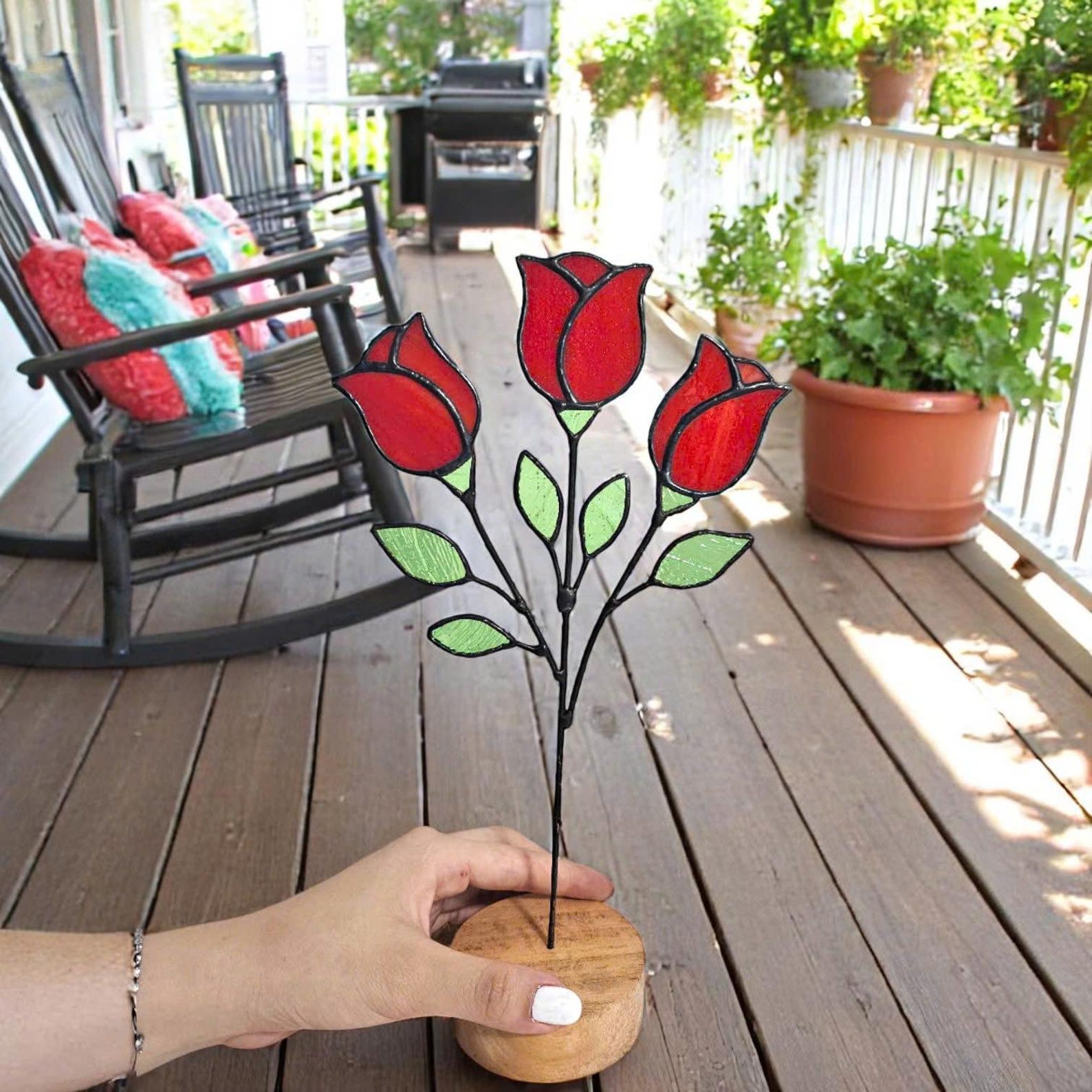 June Birth Flower Gift –rose Stained Glass Art | Handmade Red Floral ...