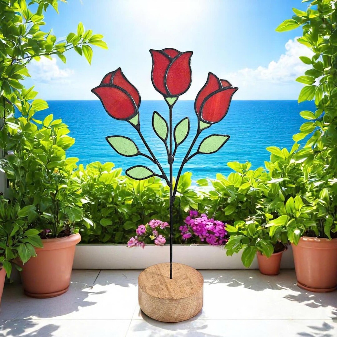 June Birth Flower Gift –rose Stained Glass Art | Handmade Red Floral ...