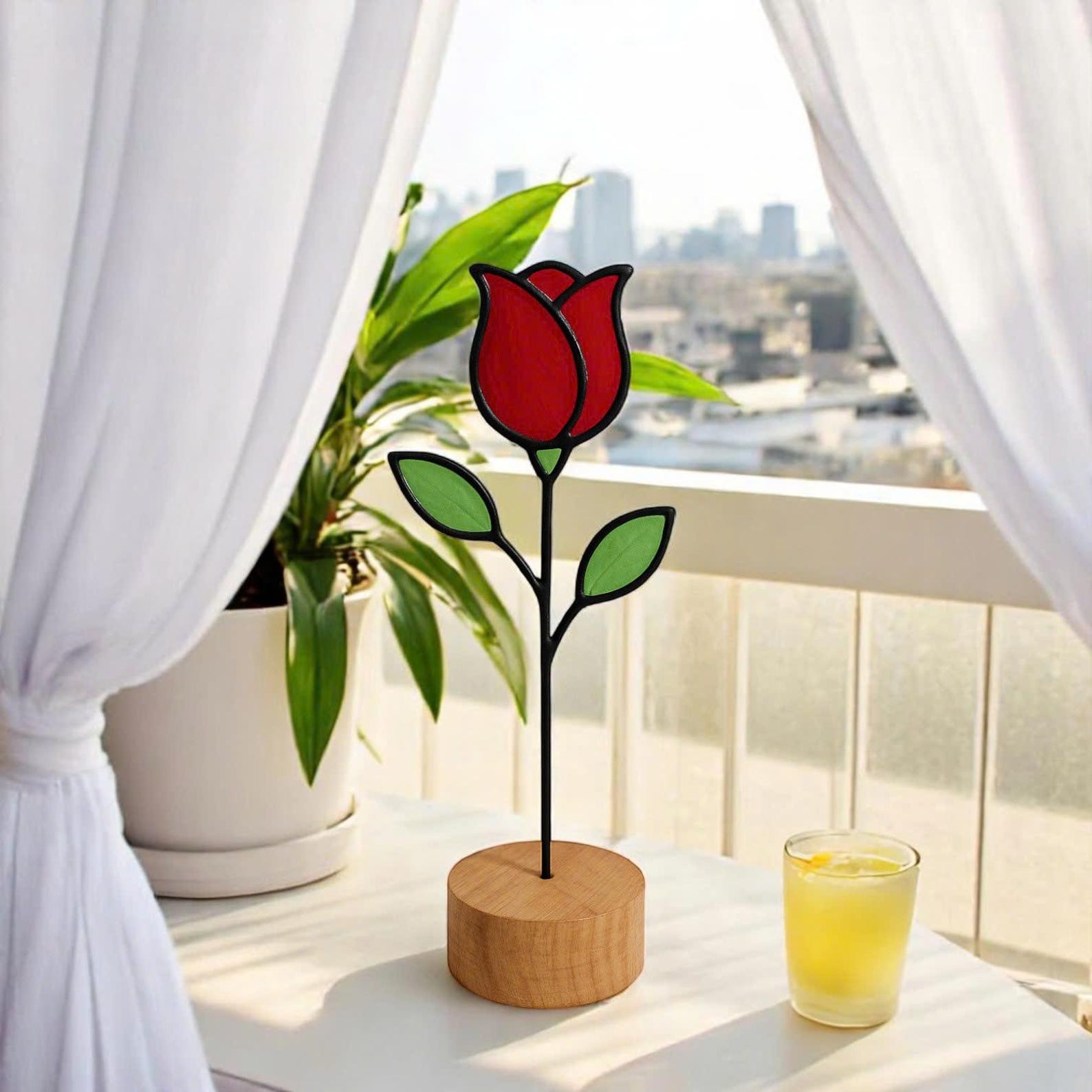 June Birth Flower Gift –rose Stained Glass Art | Handmade Red Floral ...