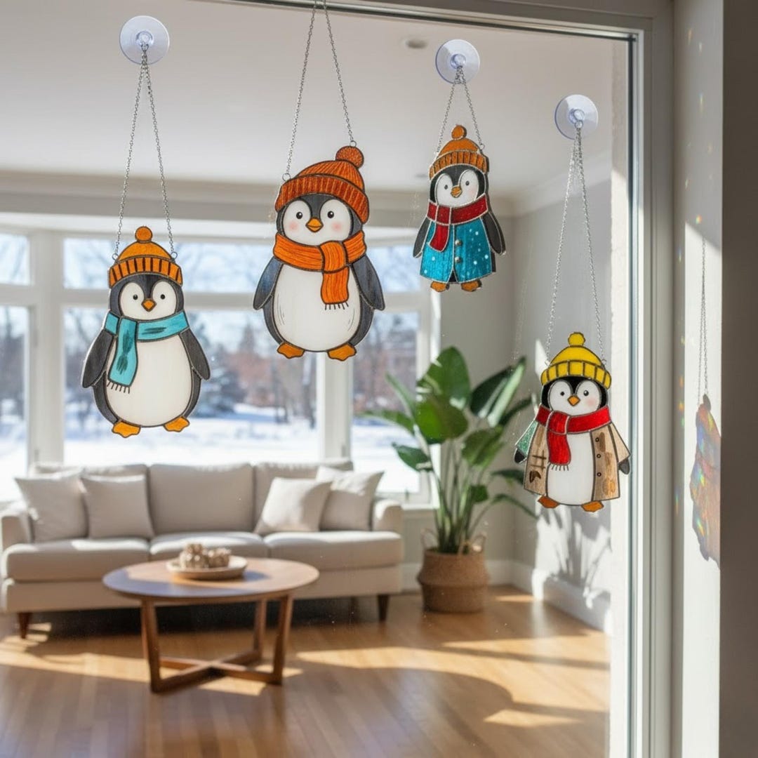 Penguin Stained Glass Suncatcher – Handmade Winter Window Decor ...