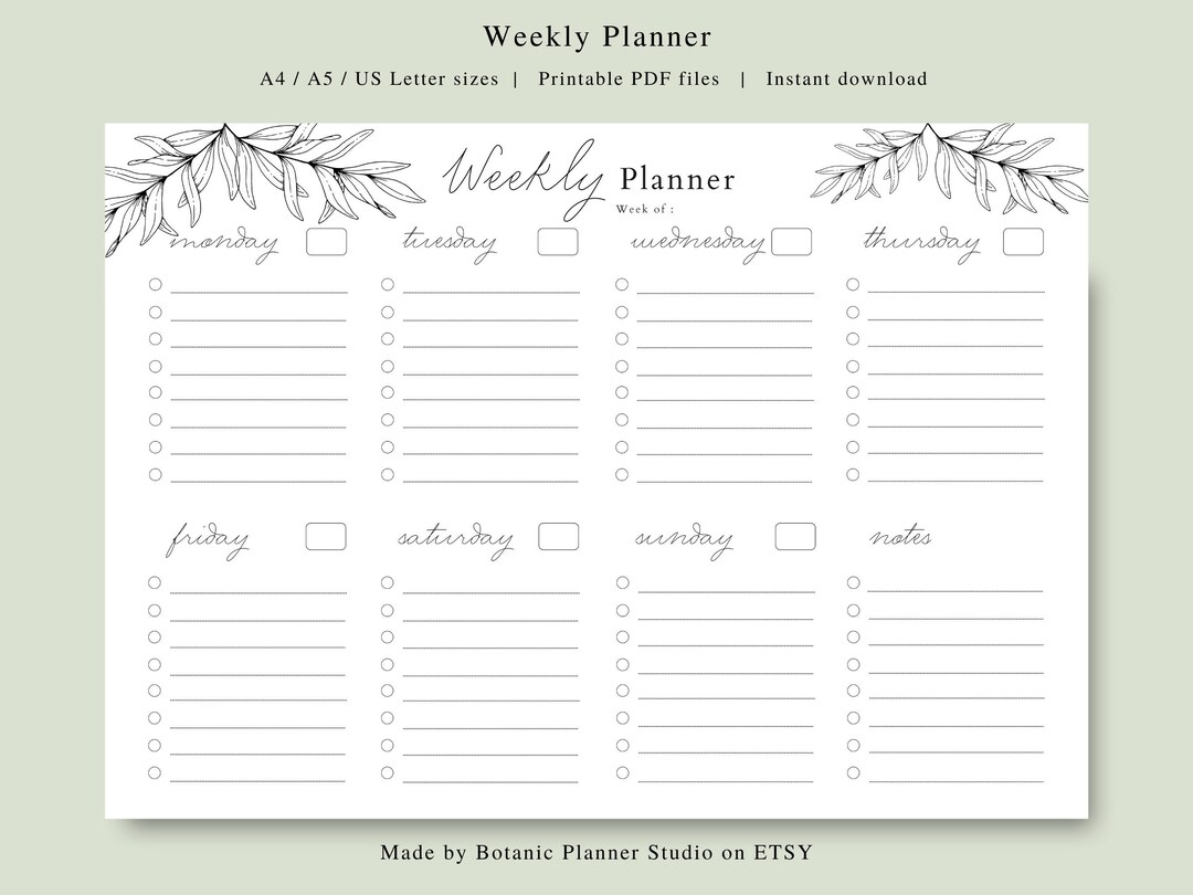Minimalist Weekly Printable Planner Botanic Leaf Line Drawing Sketch ...