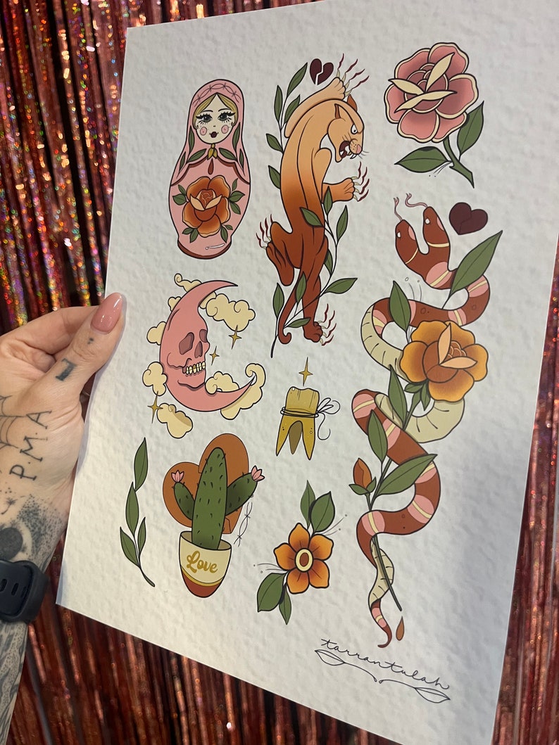 Retro 70s Panther Tattoo Flash Print A4 - Etsy