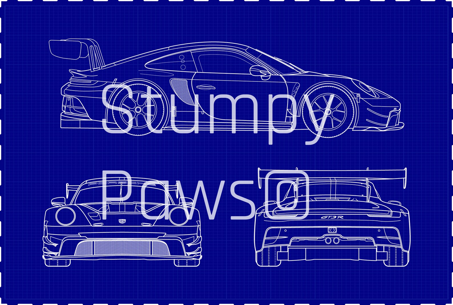 Porsche GT3R Blue Print Line Drawing Sketch Schematic Digital File PNG ...