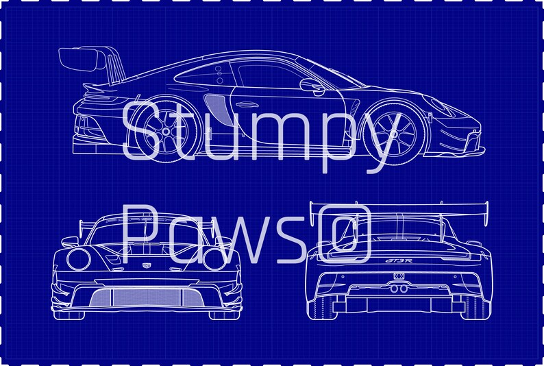 Porsche GT3R Blue Print Line Drawing Sketch Schematic Digital File PNG ...