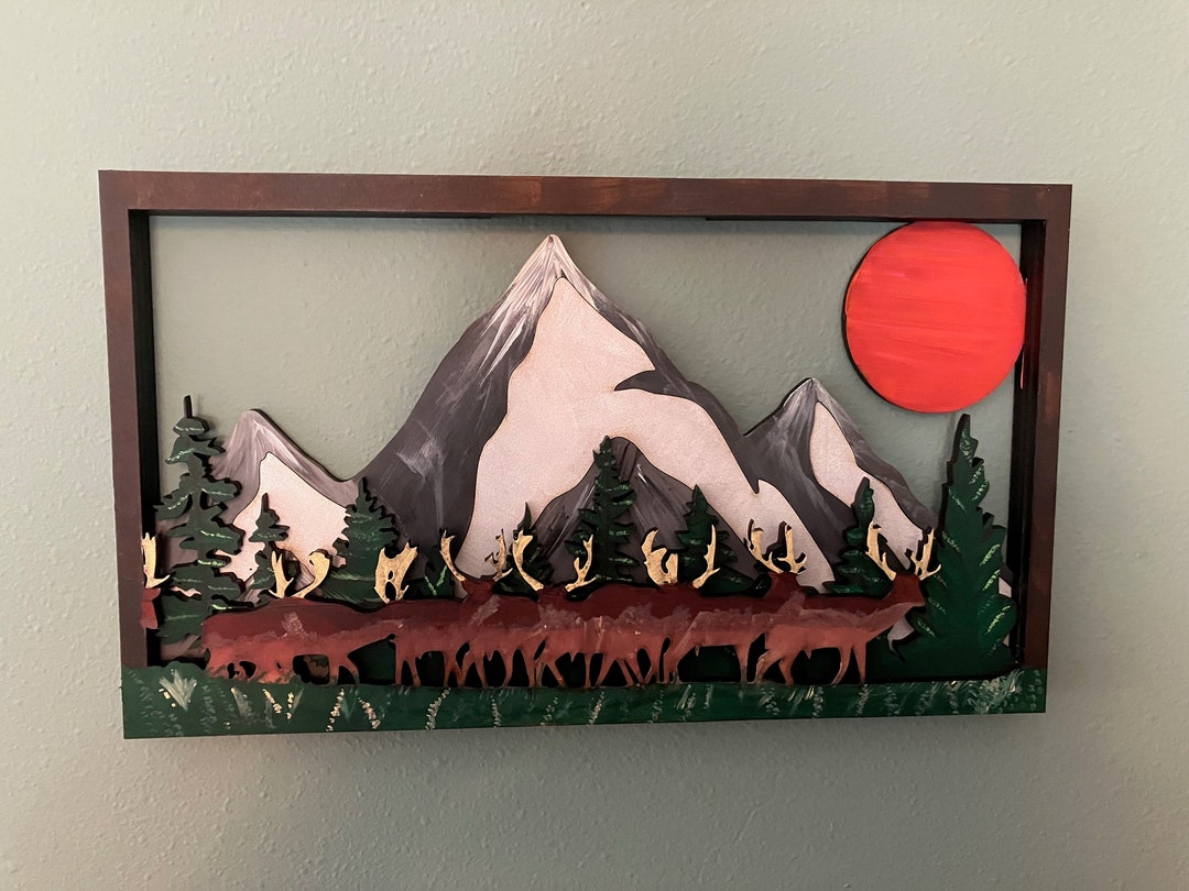 Deer Elk Wood Multilayer Layered Art Wall Hanger Art Nature Scene Cabin ...