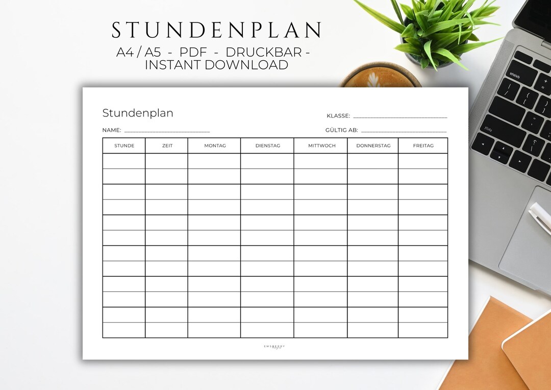 Stundenplan PDF a4 I A4 A5 Stundenplan digital ausdrucken I Stundenplan ...