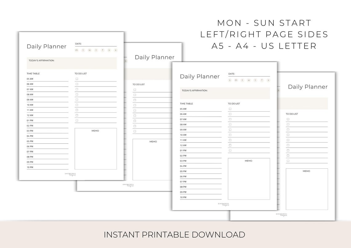 Daily Planner A5 Printable, Daily Planner Undated Planner Inserts A5 A5 ...