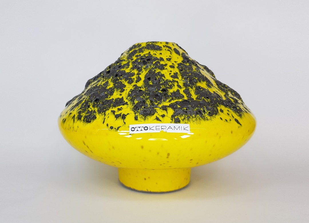 Retro OTTO KERAMIK Yellow and Black Fat Lava Crater Glaze UFO Vase From ...
