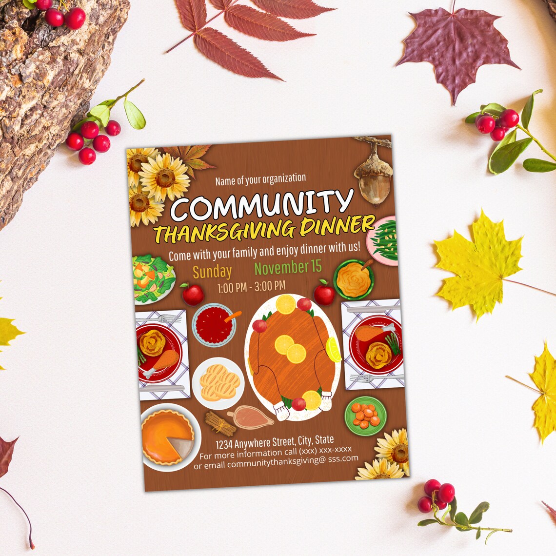 Community Thanksgiving Dinner Flyer, Fall Event, School Festival ...