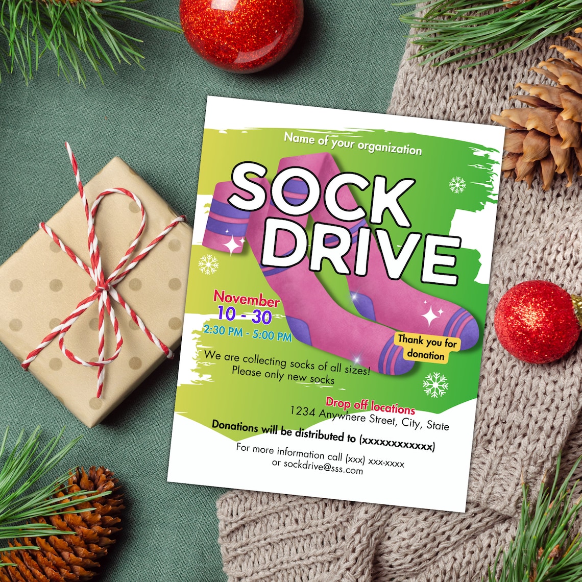 Sock Drive Flyer, Winter Clothing, Homeless Shelter, Charity Nonprofit ...