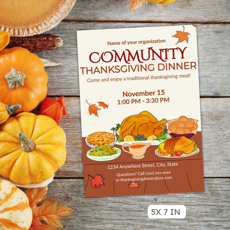 Community Thanksgiving Dinner Flyer, Turkey Dinner, Potluck Invite ...