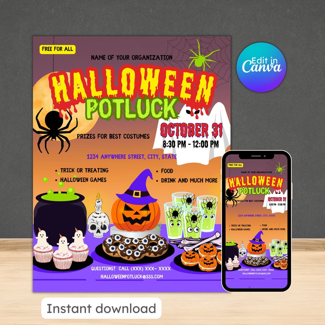 Halloween Potluck Flyer Neighborhood Party School Church Event Trick or ...