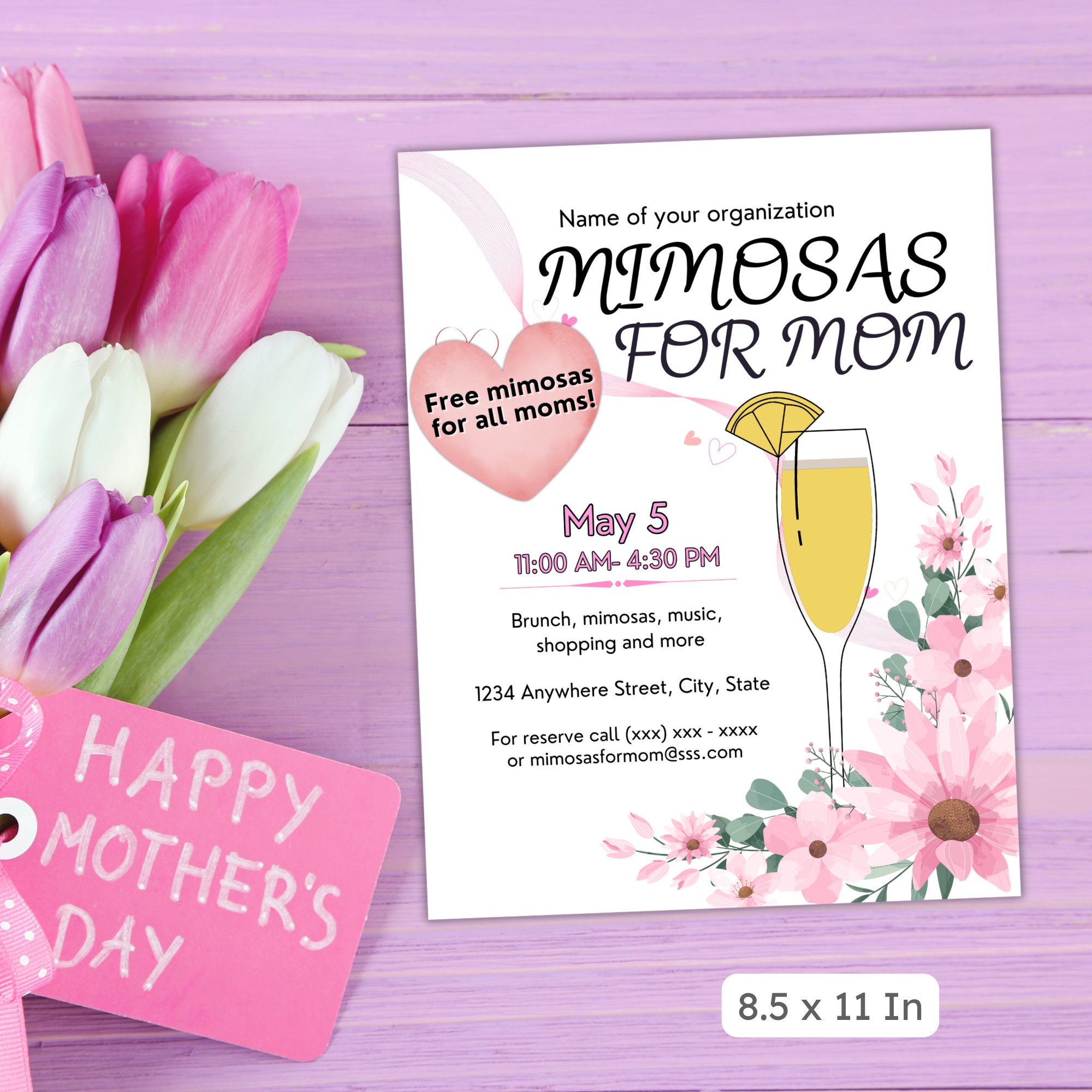 Mimosas for Mom Flyer, Mother's Day Brunch, Happy Mother's Day, Floral ...
