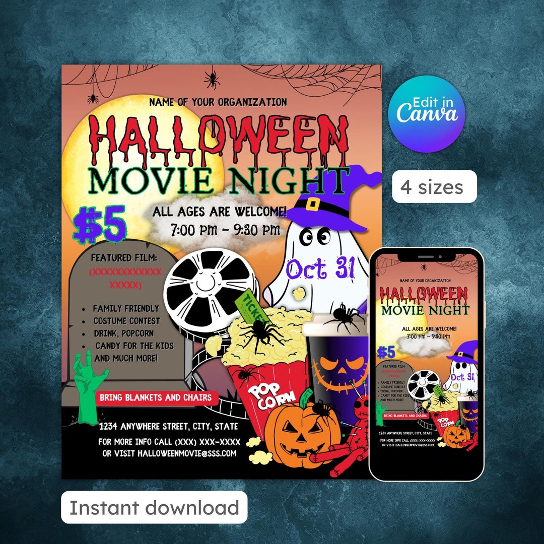 Halloween Movie Night Flyer, Cinema Film Invite, Movie Fundraiser ...