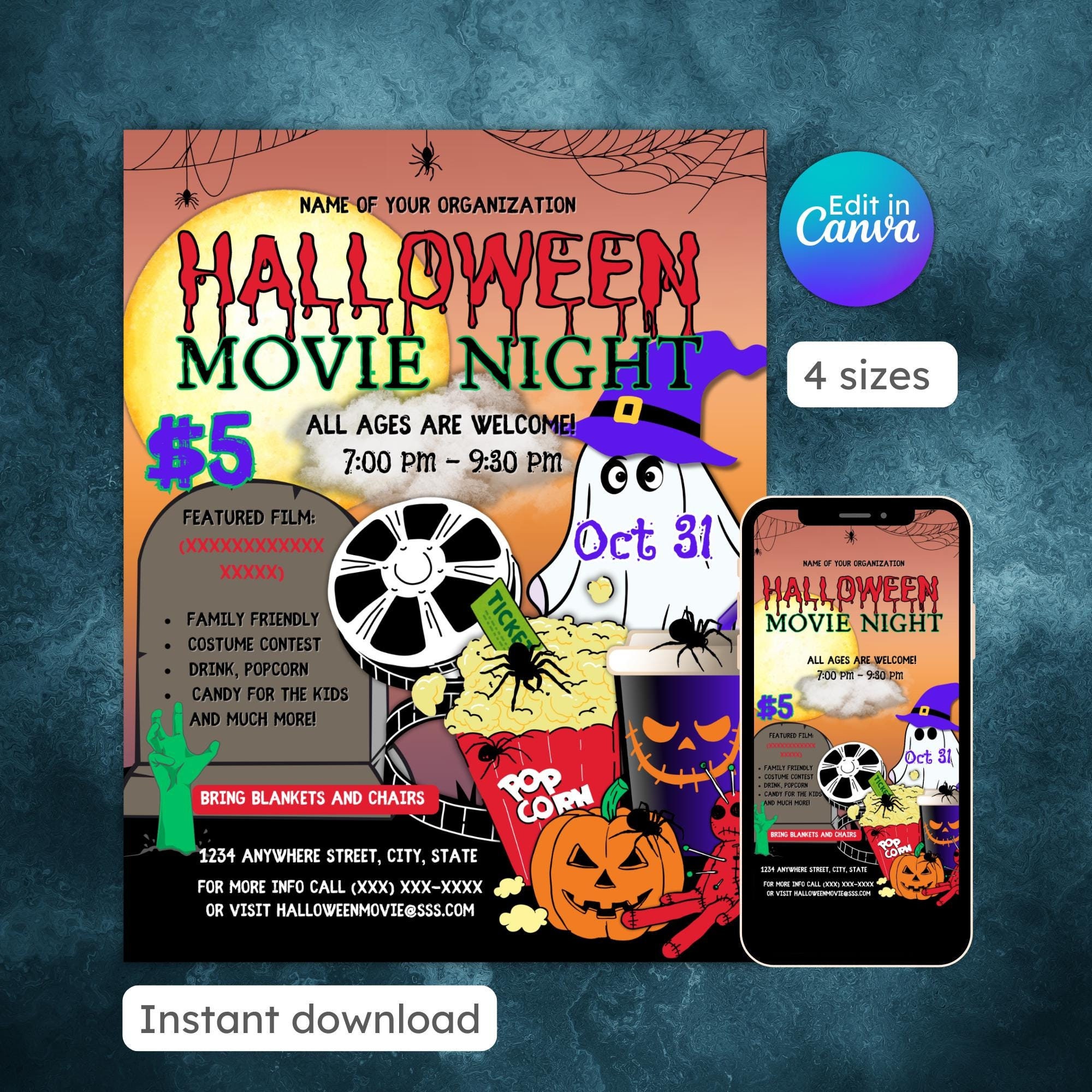 Halloween Movie Night Flyer Cinema Film Invite Movie Fundraiser Charity ...