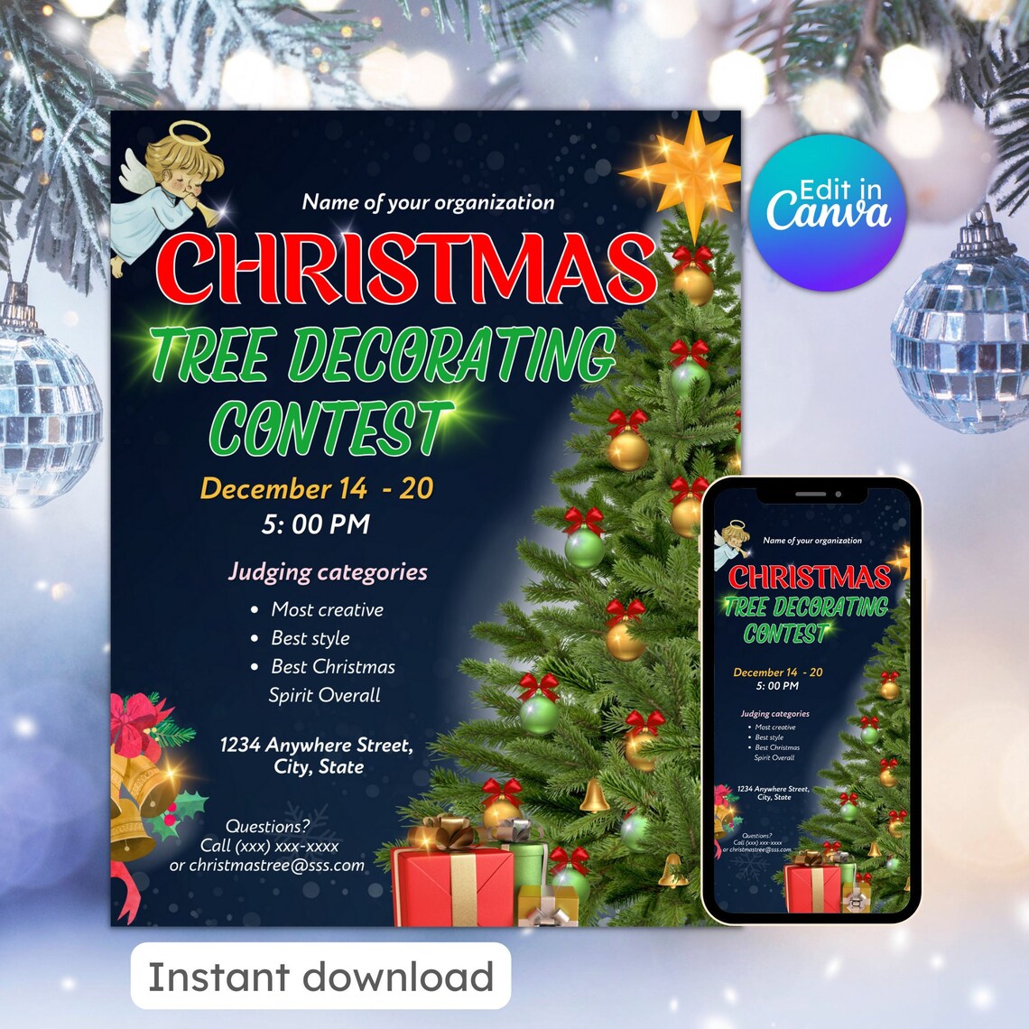 Christmas Tree Decorating Contest Flyer, Holiday Ornament, Decorated ...
