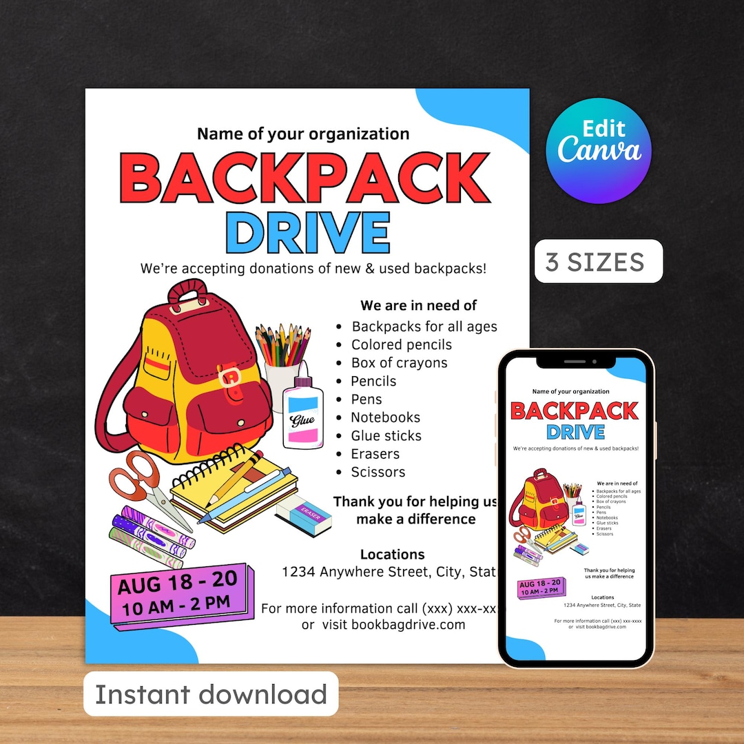Backpack Drive Flyer Back to School Meet Teacher First Day School Community Event Editable ...