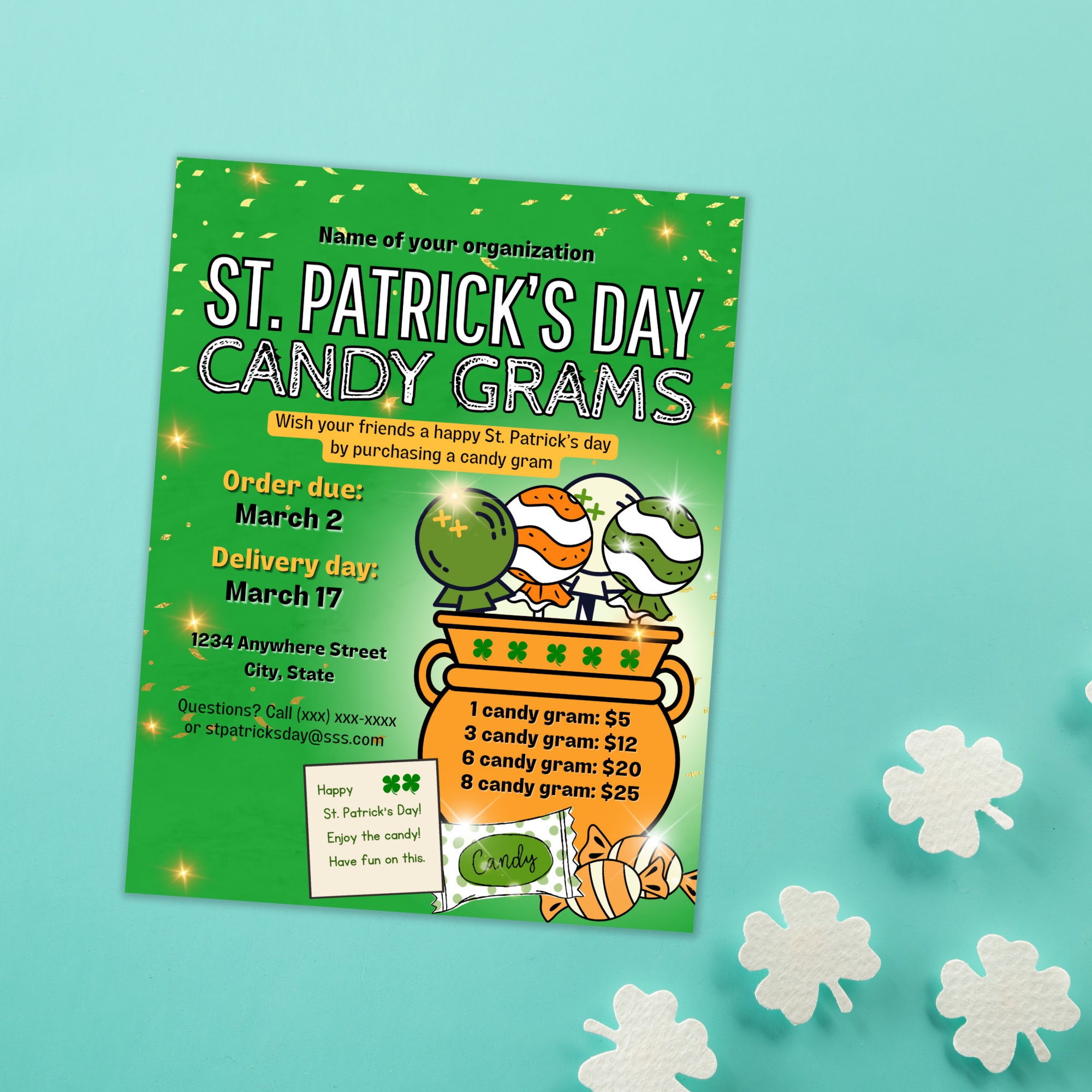 St. Patrick's Day Candy Grams Flyer, Fundraiser Template, Family School ...