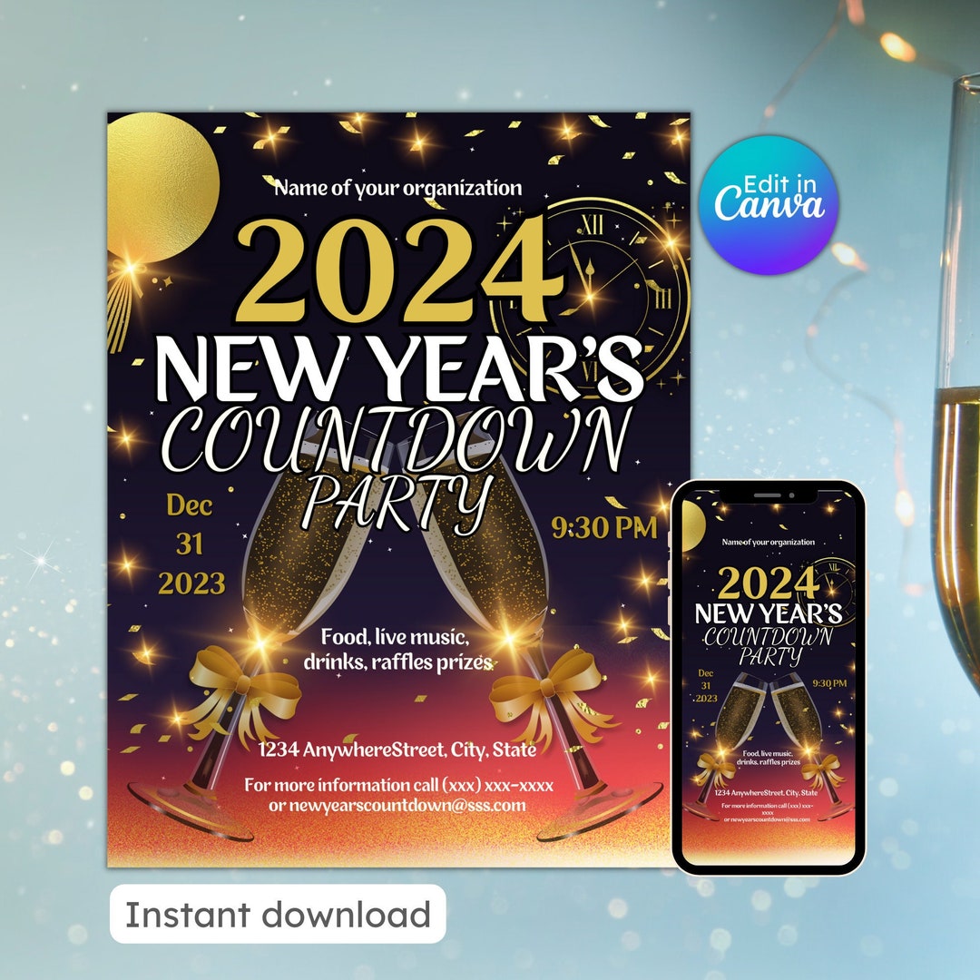 2024 New Year's Countdown Party Flyer, Nye Invitation, Office Party ...
