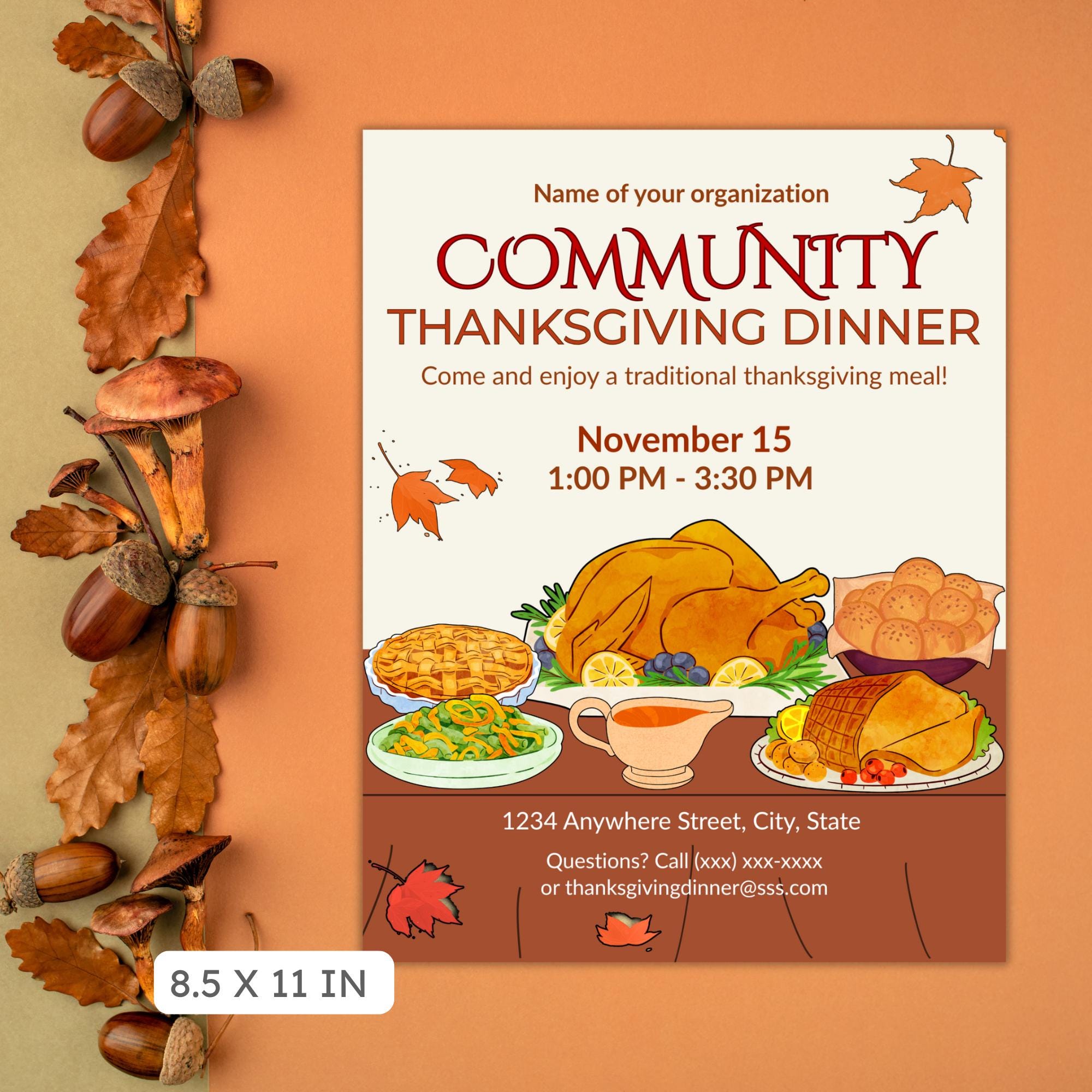 Community Thanksgiving Dinner Flyer, Turkey Dinner, Potluck Invite ...