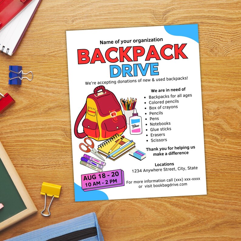 Backpack Drive Flyer Back to School Meet Teacher First Day School ...