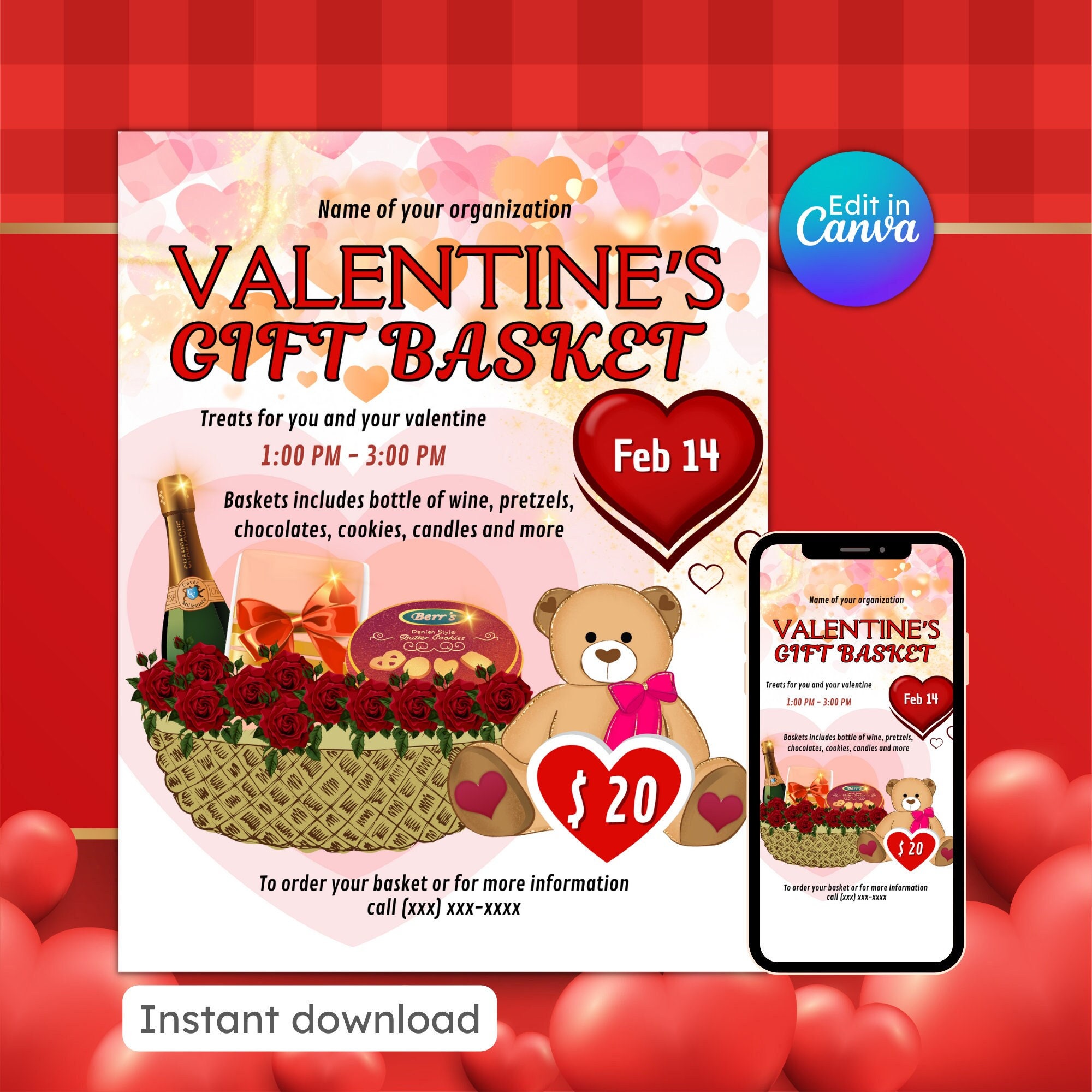 Valentine's Gift Basket Flyer Be My Valentine Heart Basket Galentines ...