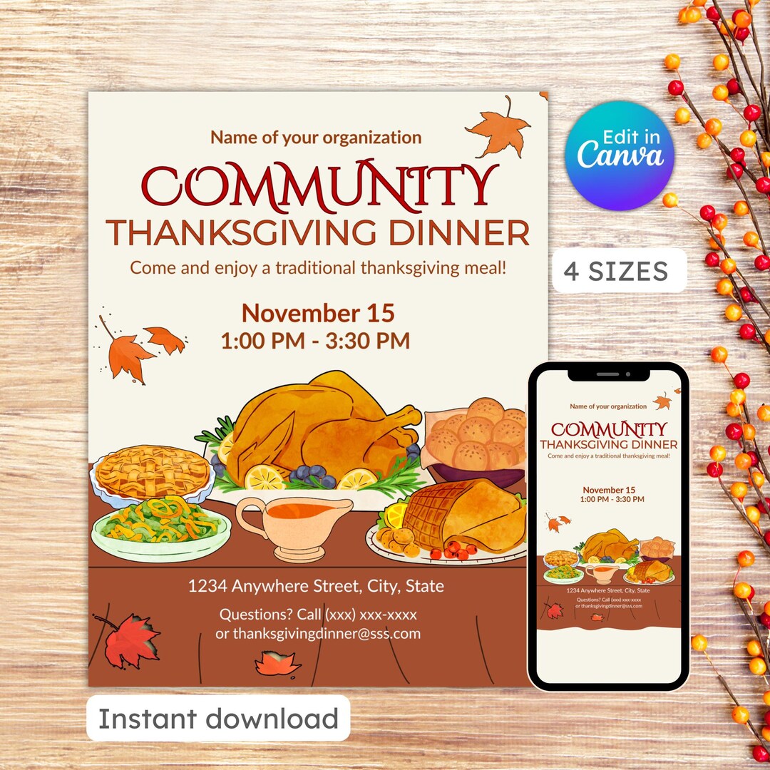 Community Thanksgiving Dinner Flyer, Turkey Dinner, Potluck Invite ...
