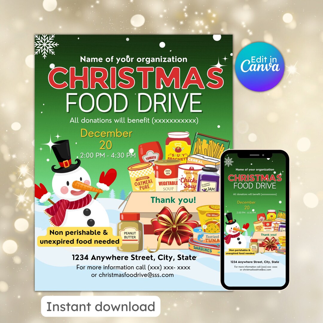 Christmas Food Drive Flyer, Community Event, School Fundraiser, Holiday ...
