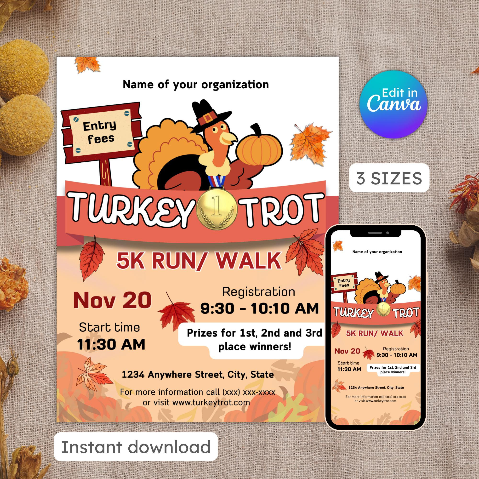 Turkey Trot Flyer 5k 10k Run Walk Thanksgiving Trot Fall School Run ...