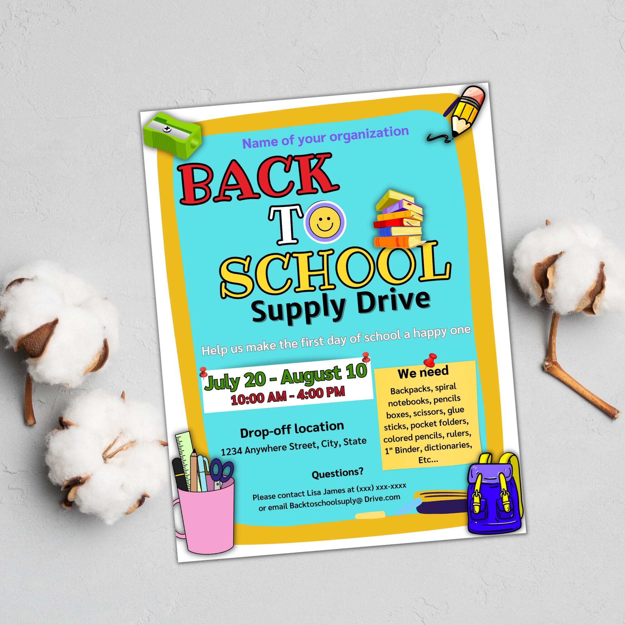 Back to School Supply Drive Flyer, Fundraiser Event, Supply Drive Flyer ...