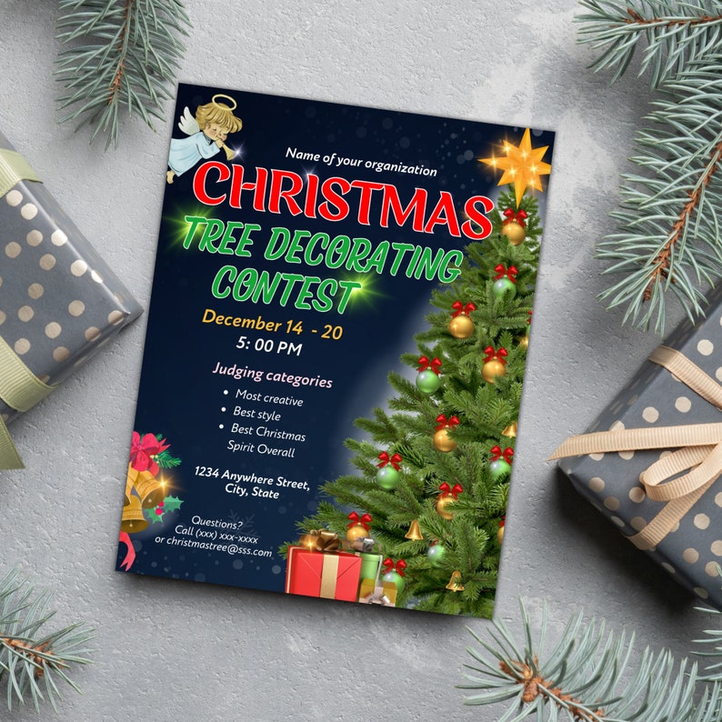 Christmas Tree Decorating Contest Flyer Holiday Ornament Decorated ...