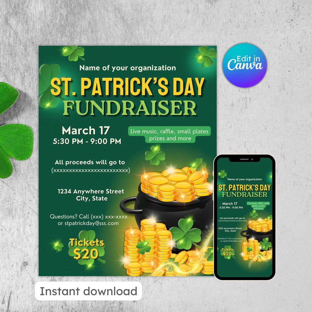 St. Patrick's Day Fundraiser Flyer March Shamrock Community Event ...