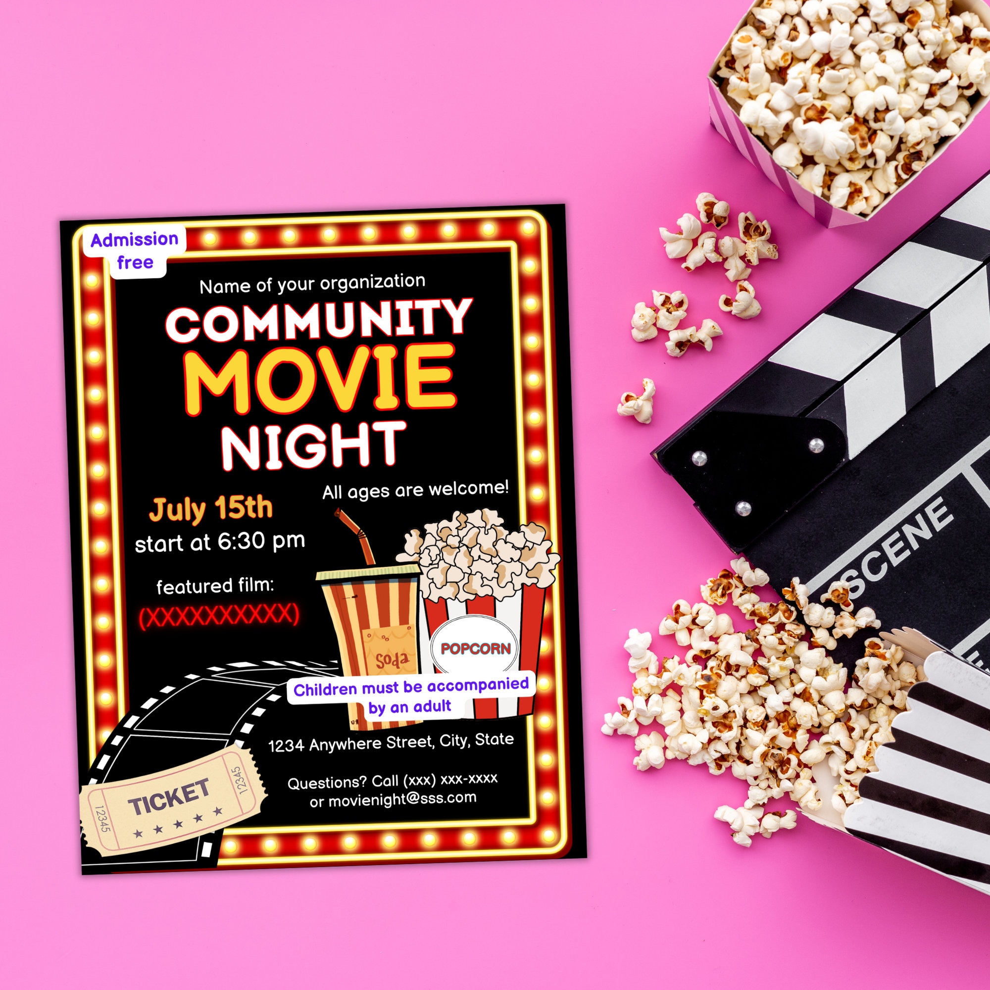 Community Movie Night Flyer, School Fundraiser, Cinema Film Invite ...