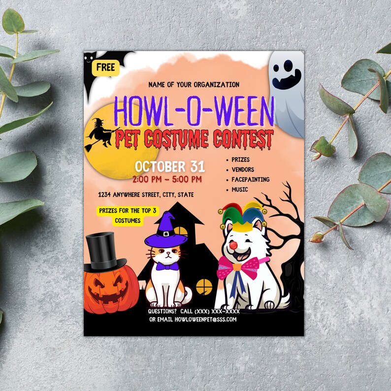 Howl-o-ween Pet Costume Contest Flyer, Halloween Dog, Pet Costume, It's ...