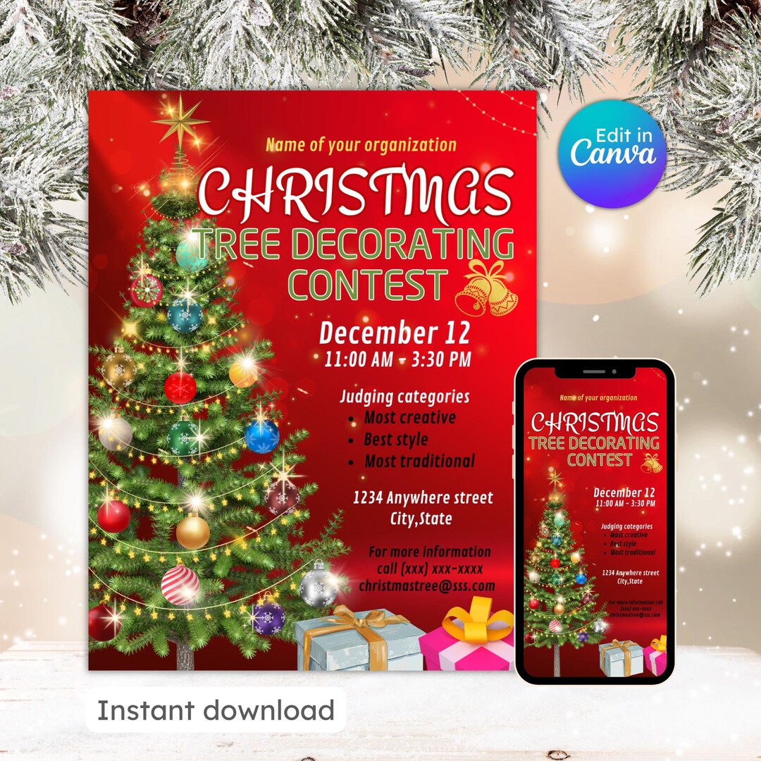 Christmas Tree Decorating Contest Flyer, Holiday Contest, Decorated ...