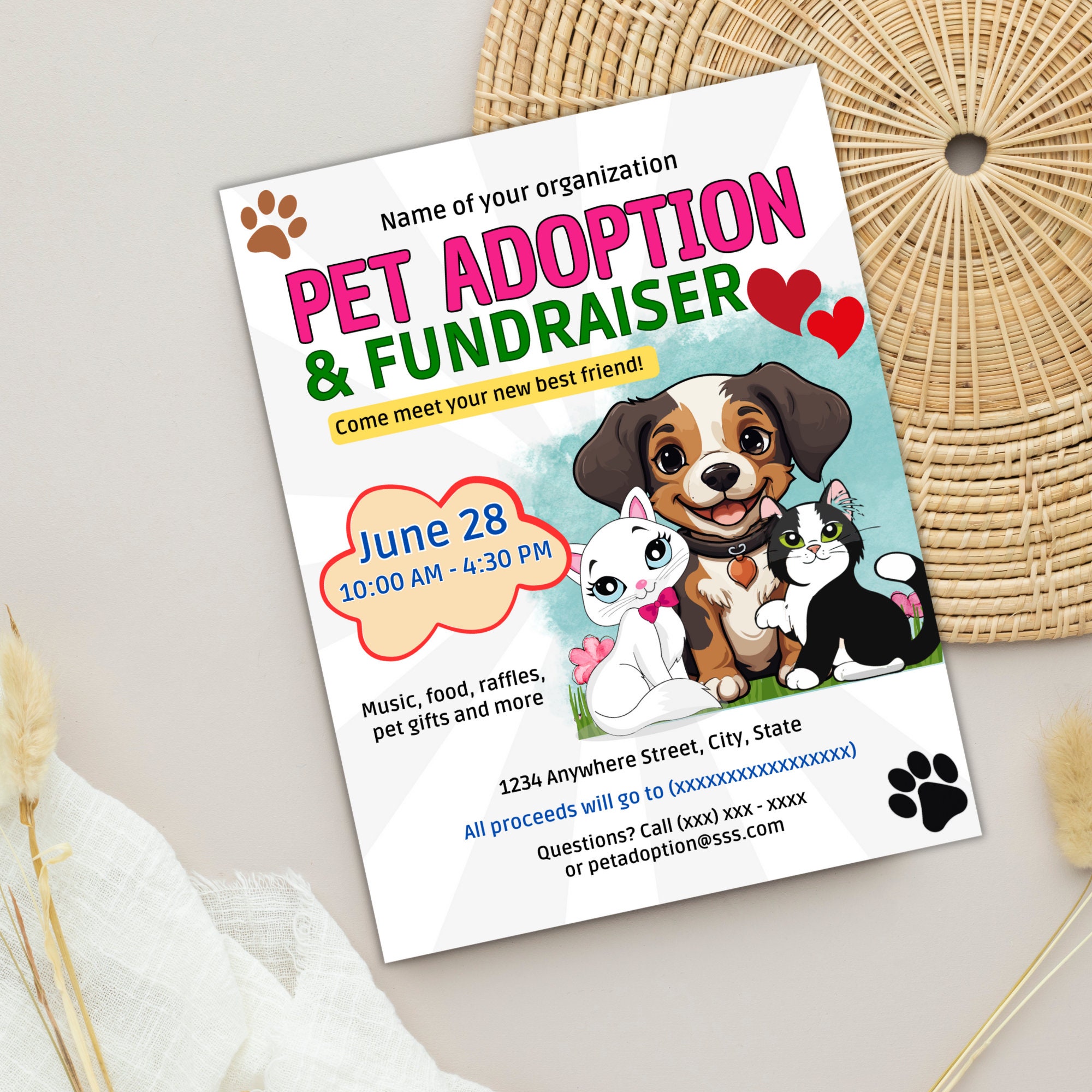 Pet Adoption & Fundraiser Flyer Animal Rescue Charity Event Invite ...