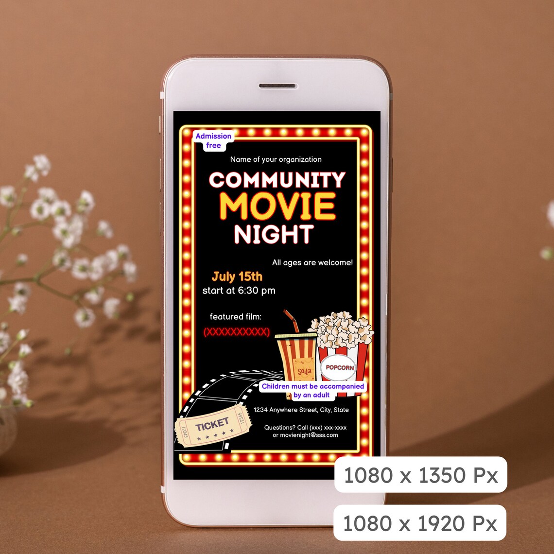 Community Movie Night Flyer School Fundraiser Cinema Film Invite Movie ...