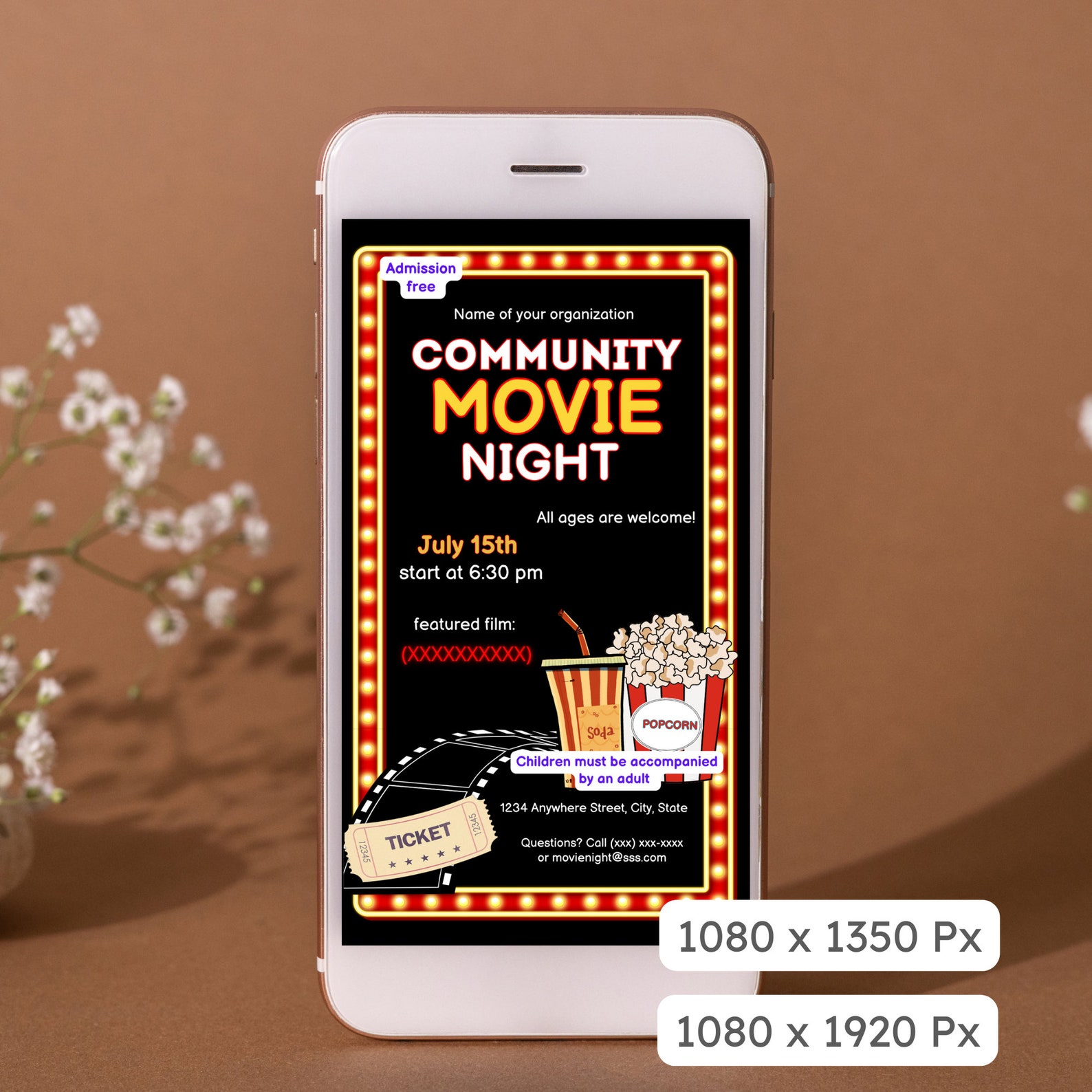Community Movie Night Flyer, School Fundraiser, Cinema Film Invite ...