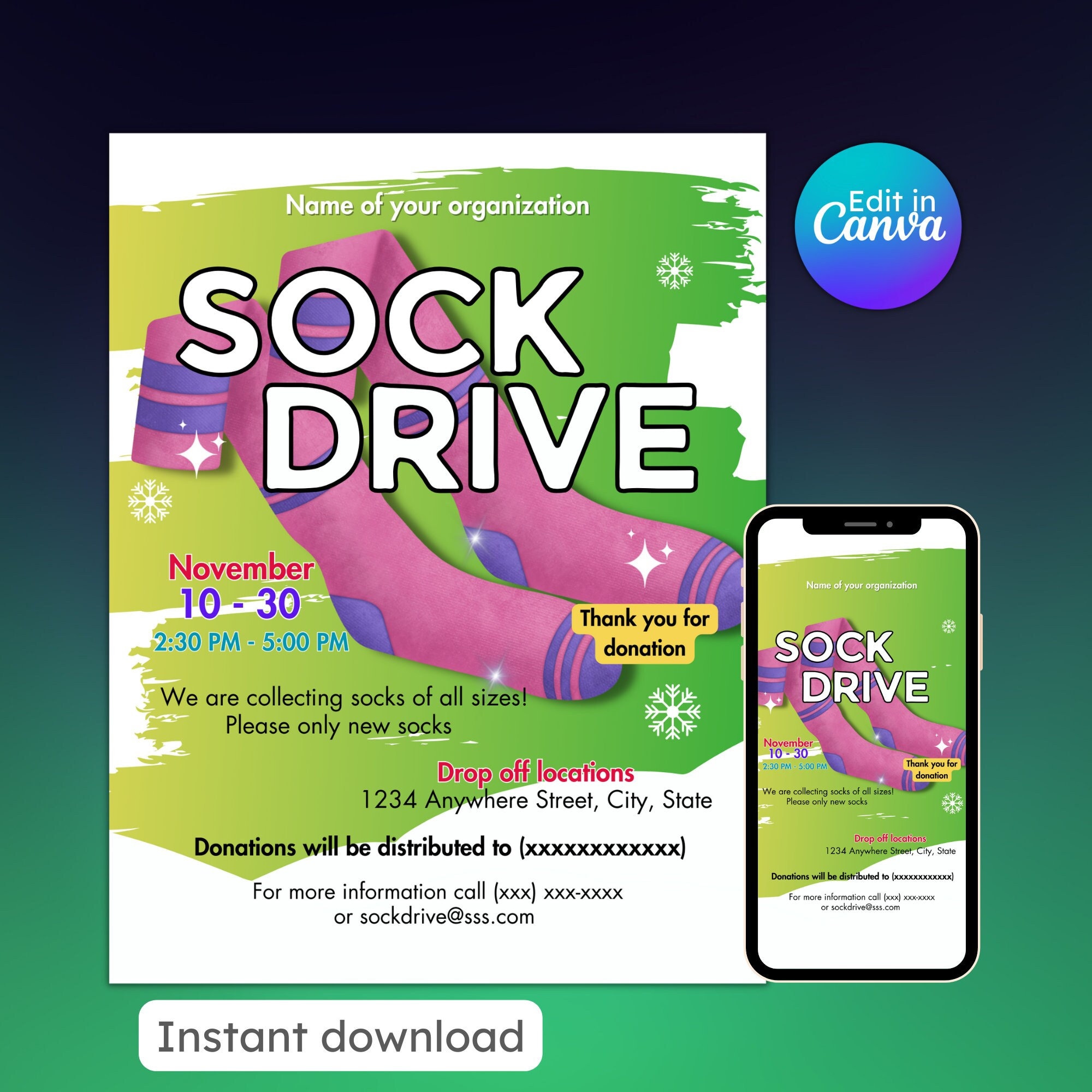 Sock Drive Flyer, Winter Clothing, Homeless Shelter, Charity Nonprofit ...