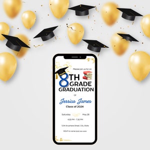 8th Grade Graduation Invitation, Black and Gold, Promotion Invites ...
