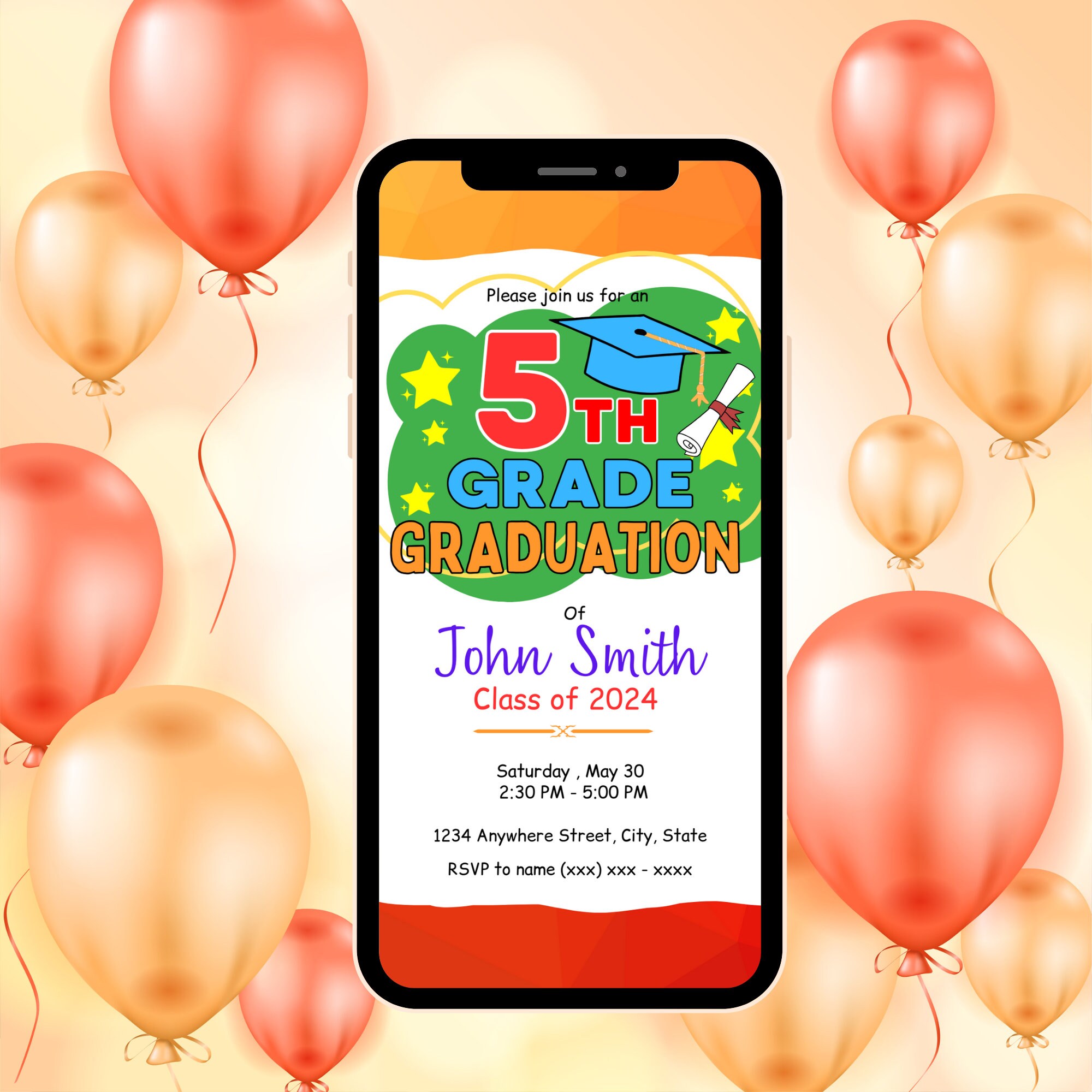 Editable 5th Grade Graduation Invitation: Colorful Class of 2024 ...
