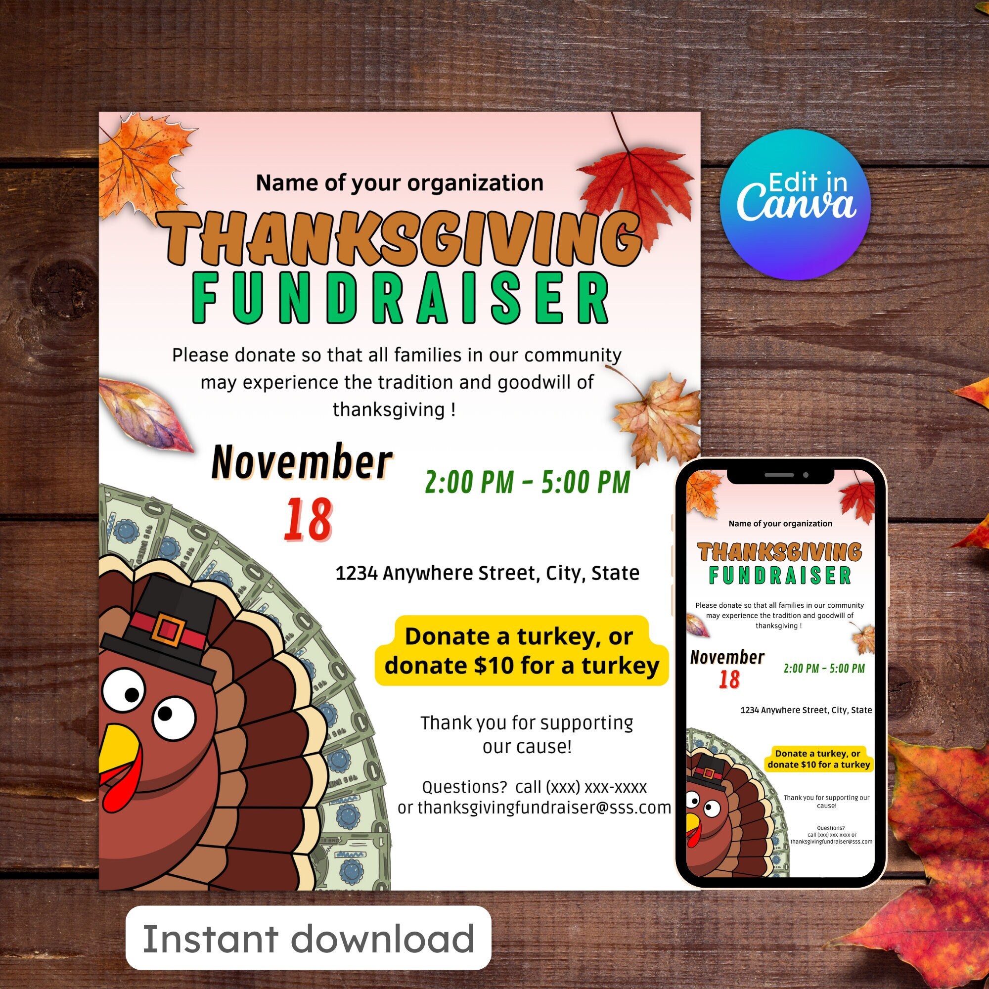 Thanksgiving Fundraiser Flyer, Charity Event, School Pto Pta, Gratitude ...