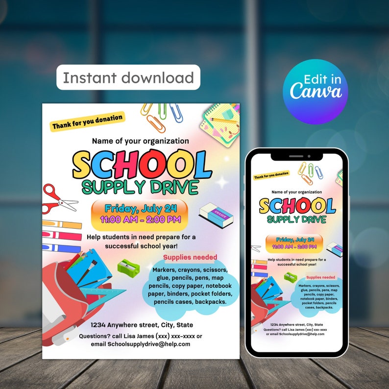 School Supply Drive Flyer, Back to School, Pto Pta Flyer, Fundraiser ...