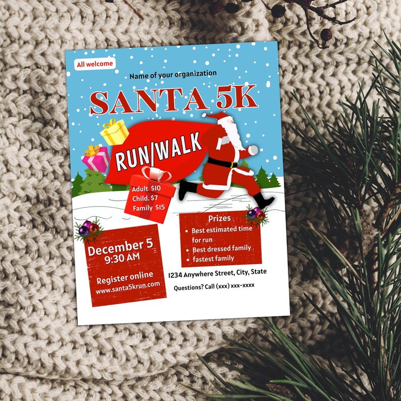 Santa 5k Run/walk Flyer, Holiday Community, 5k 10k Run Walk, Xmas Party ...