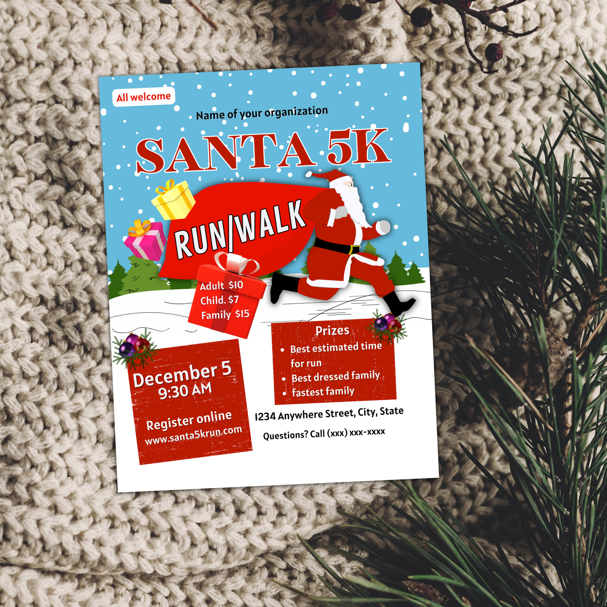 Santa 5k Run/walk Flyer Holiday Community 5k 10k Run Walk Xmas Party ...