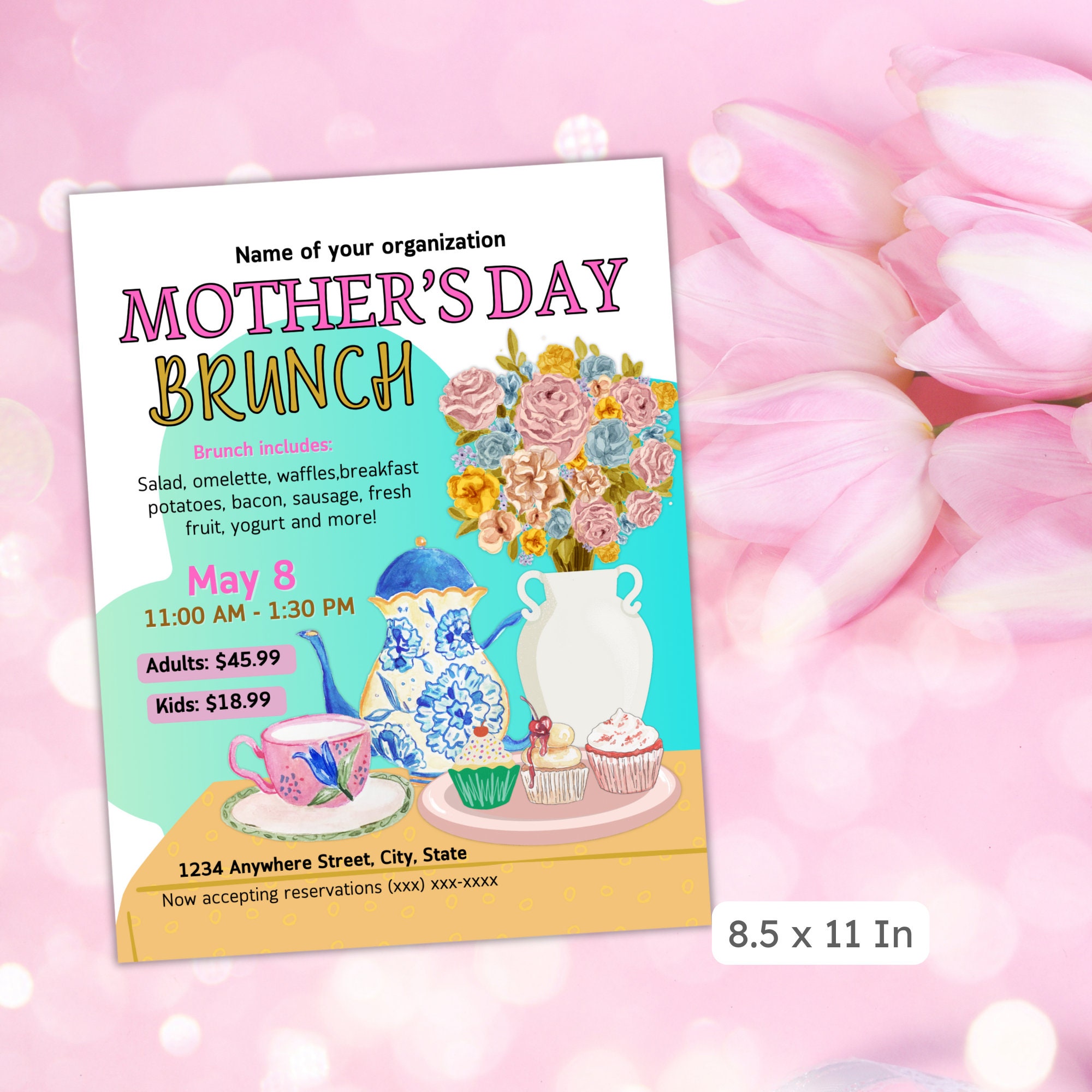 Mother's Day Brunch Flyer, Tea Party Invitation, Brunch and Bubbly ...