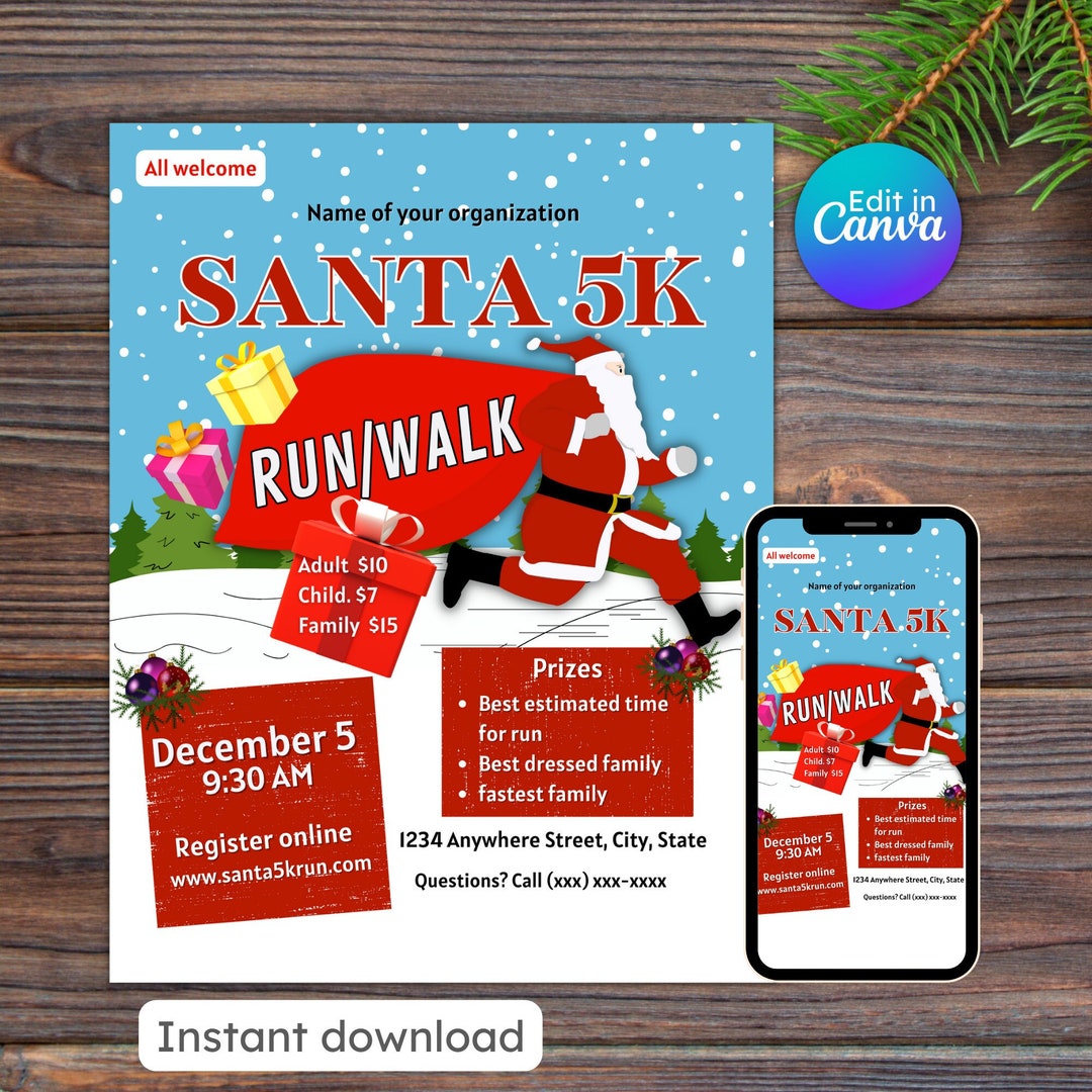 Santa 5k Run/walk Flyer Holiday Community 5k 10k Run Walk Xmas Party ...